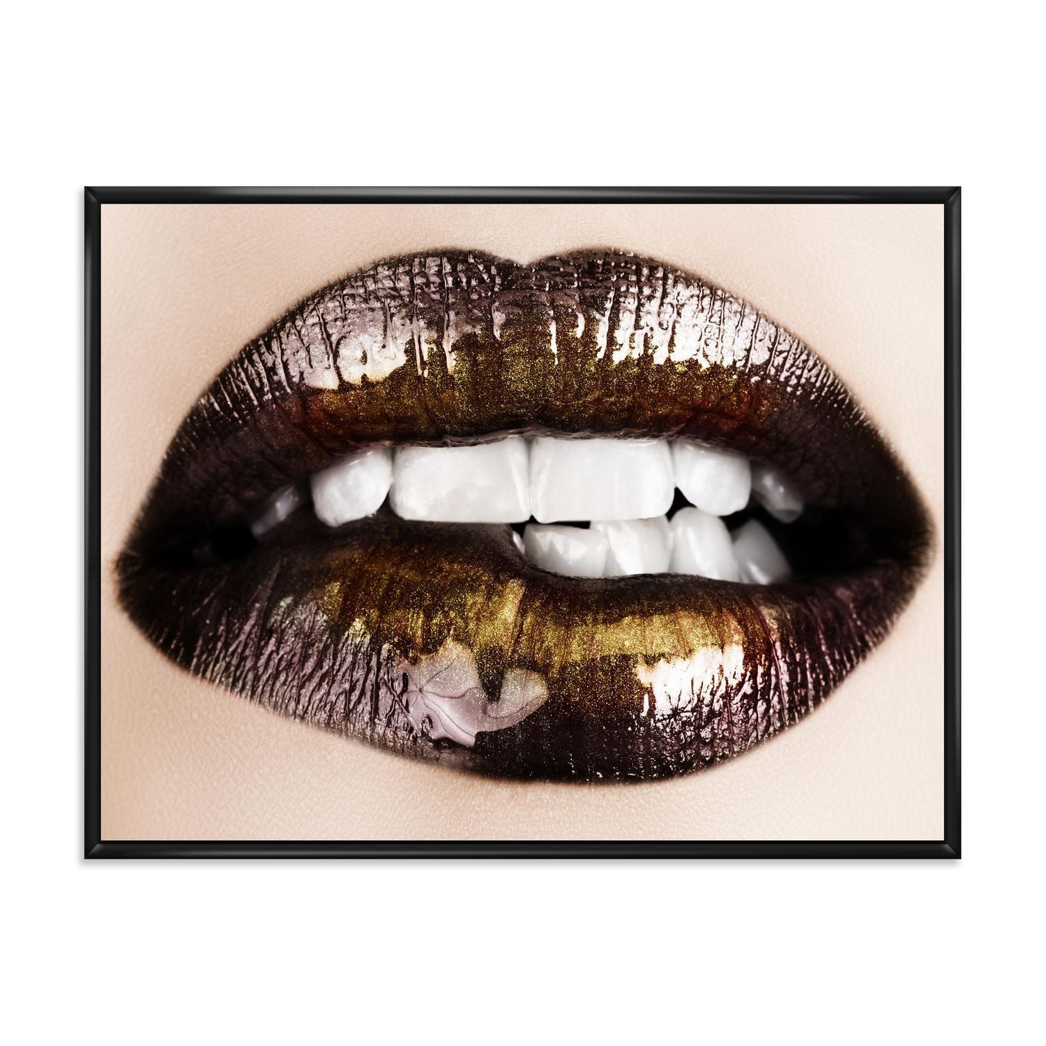 Click here for Designart Black Gold Lips Biting Float Frame Wall... prices