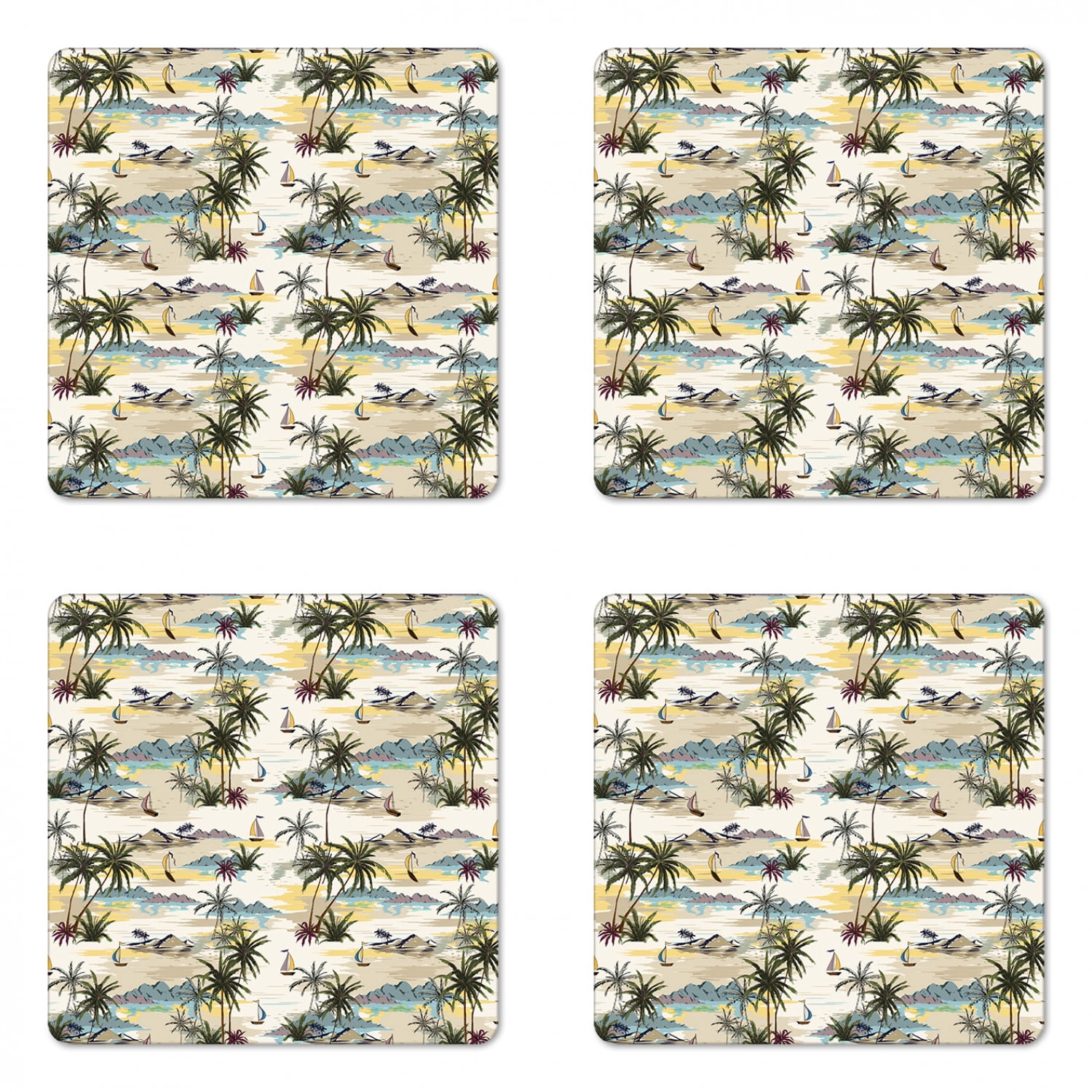 Tropical Coaster Set of 4, Hand Drawn Pastel Hawaiian Scene with Palms ...