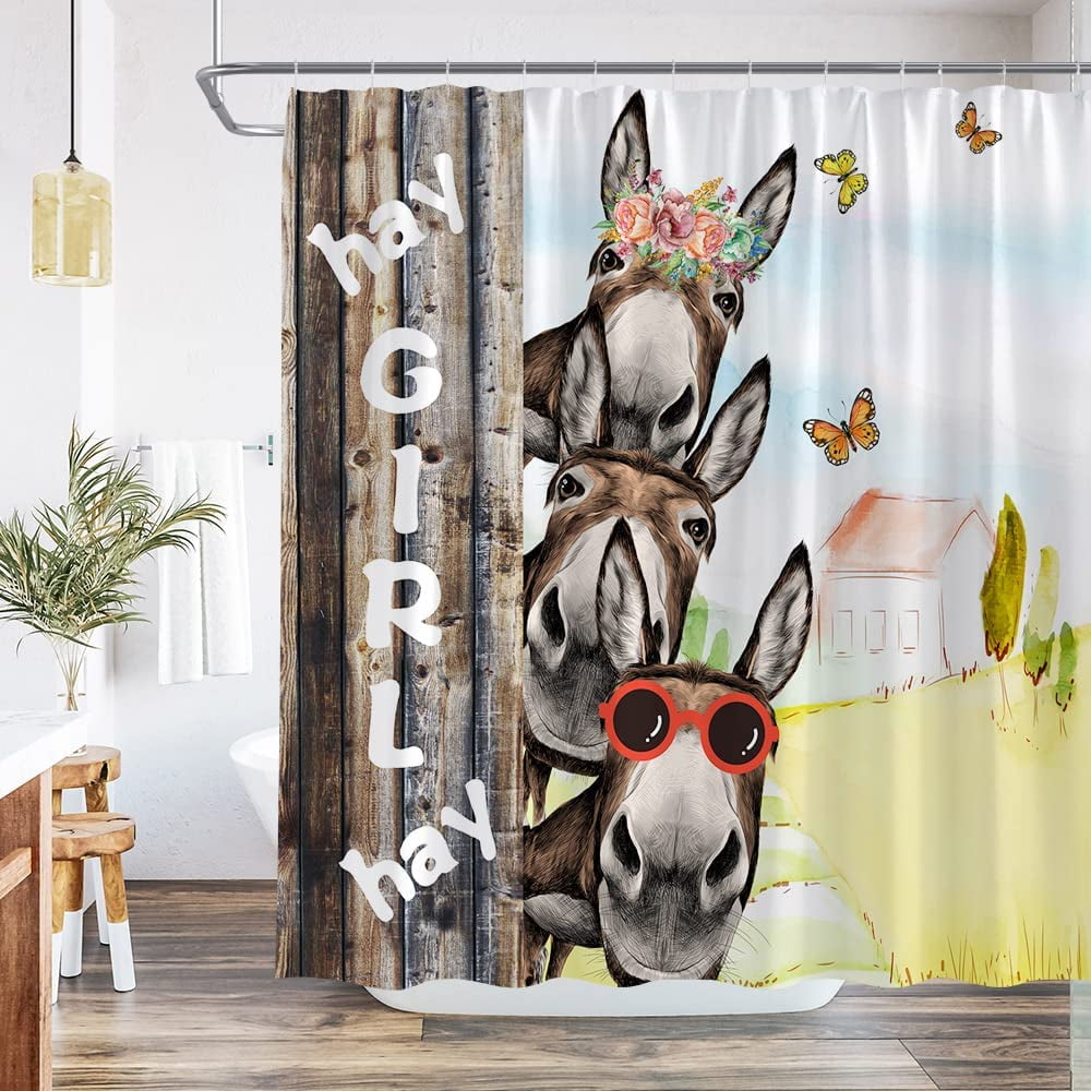 Funny Donkey Shower Curtain Farm Animals Rustic Wood Board Farmhouse ...
