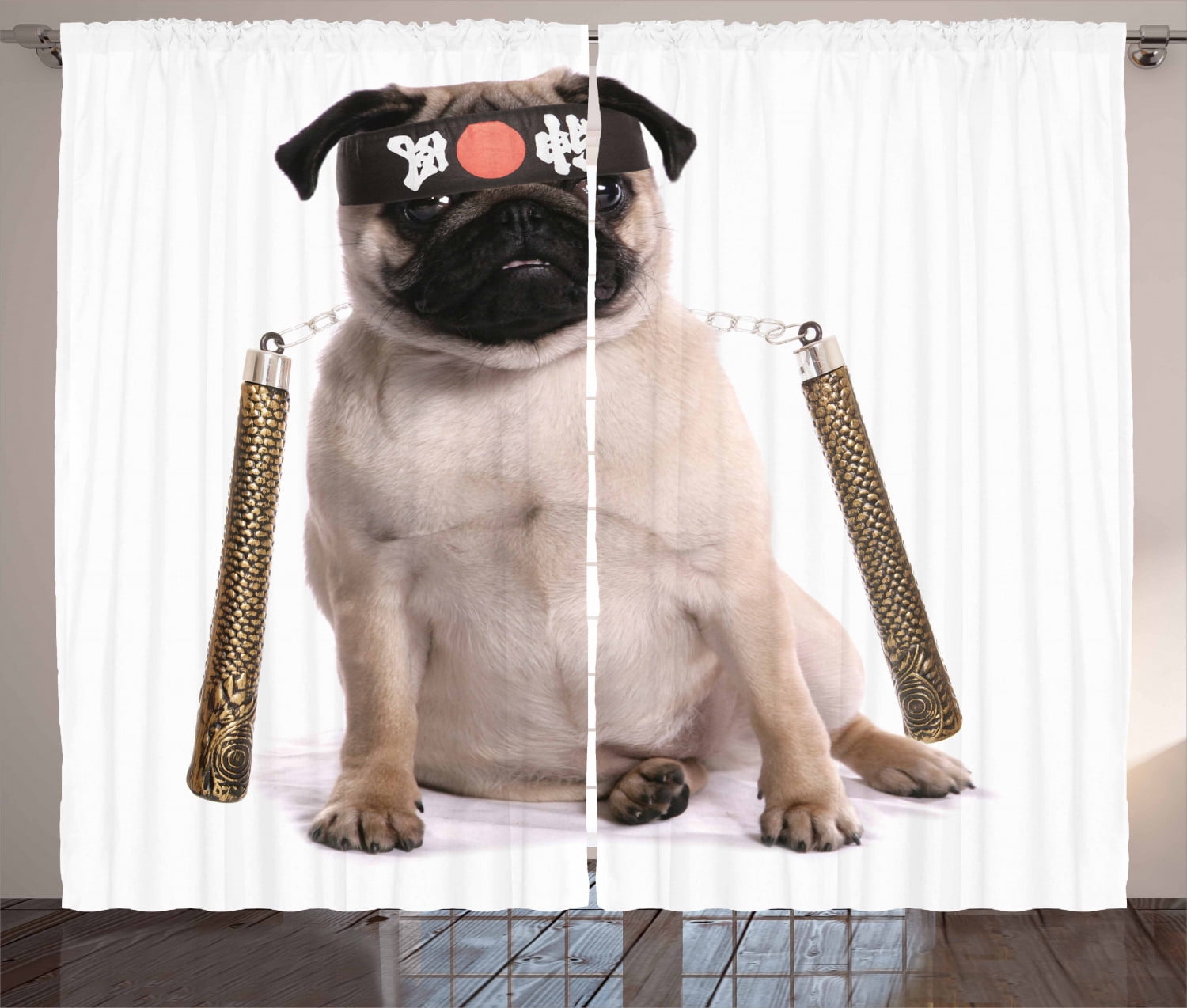 Pug Curtains 2 Panels Set, Ninja Puppy with Nunchuk Karate Dog Eastern ...