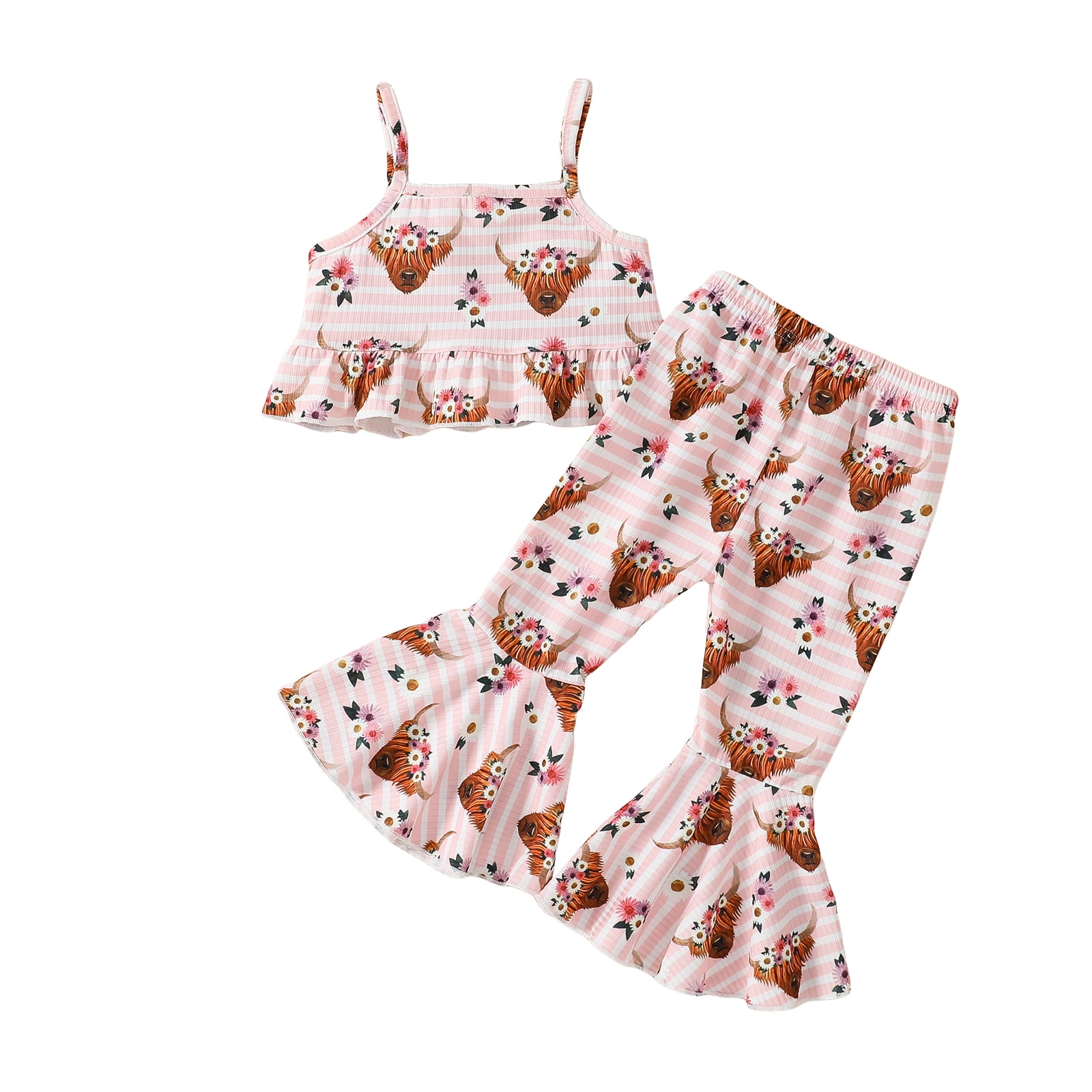 Baby Kid Girls Pants Set, Cattle Flower Print Camisole with Flare Pants ...