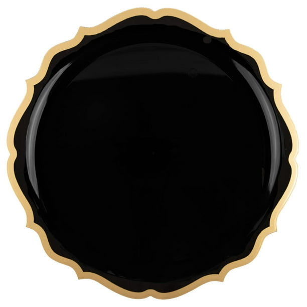 (40 PACK) EcoQuality 10.5" inch Round Black Plastic Plates with Gold ...