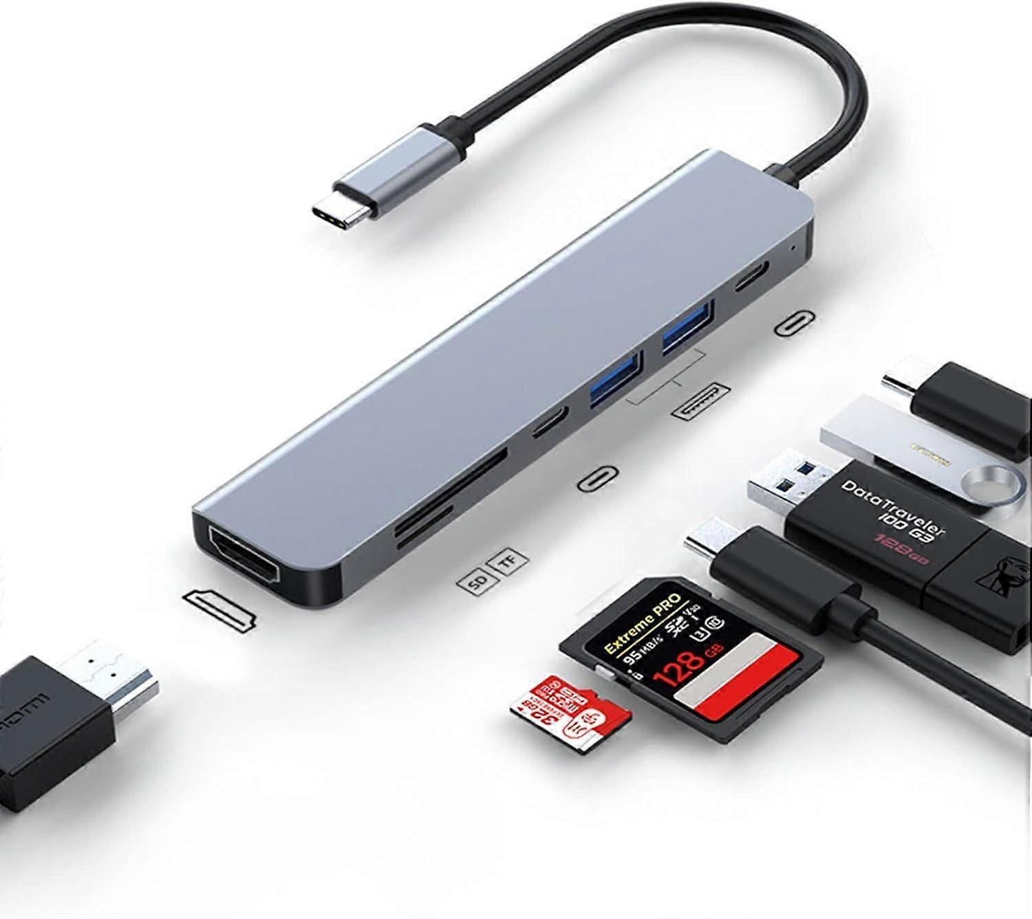 Hub USB C 7 en 1, Hub tipo C a HDMI 4K a 30 Hz, puerto USB 3.0/2.0 y ...