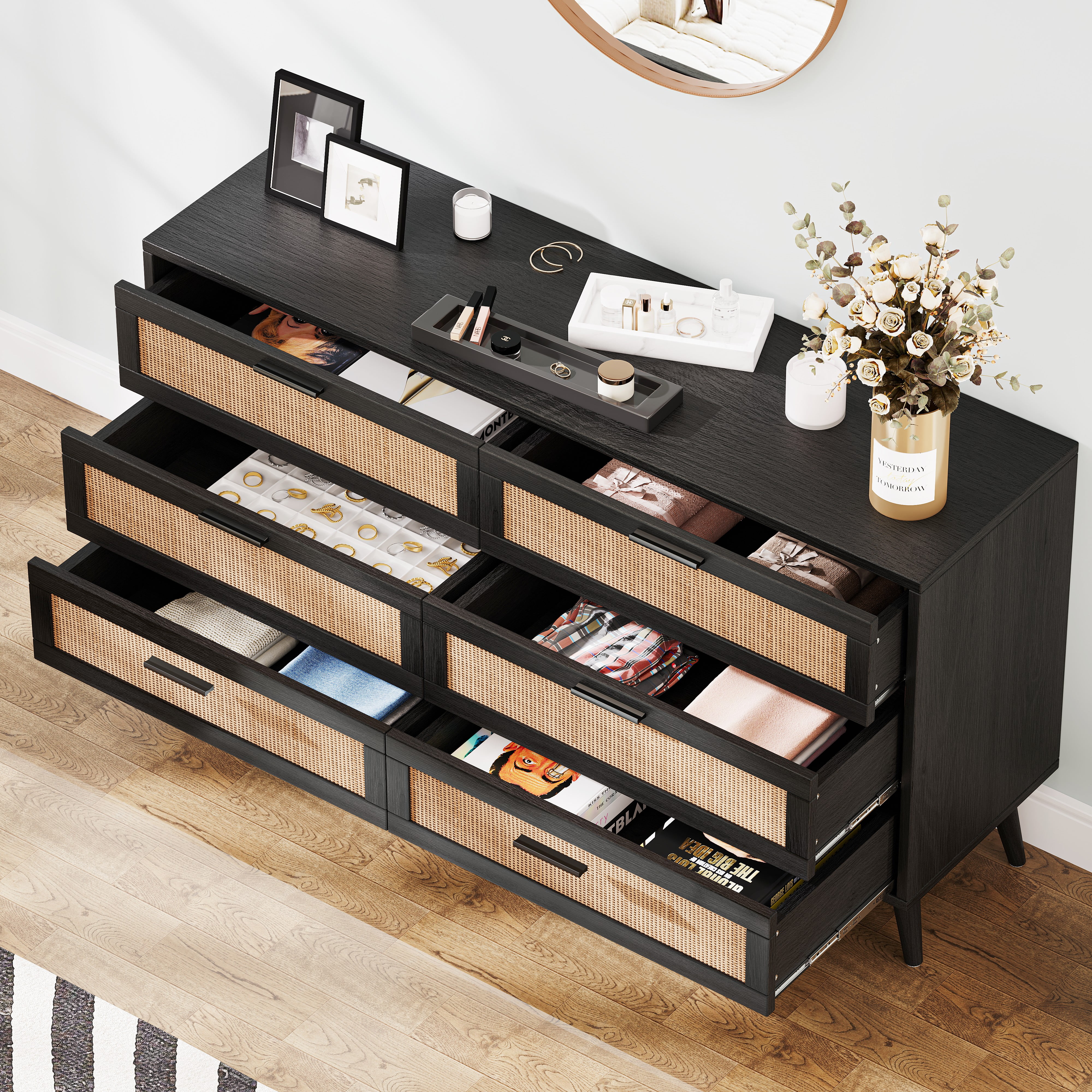 Rovaurx 6 Drawer Double Dresser Chest, Rattan Bedroom Table Rovaurx 6 Drawer Double Dresser Chest, Rattan Bedroom Table