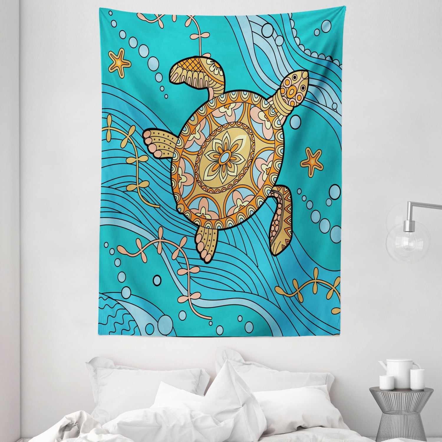 Turtle Tapestry, Doodle of Sea Turtle on Water Surface Artistic ...