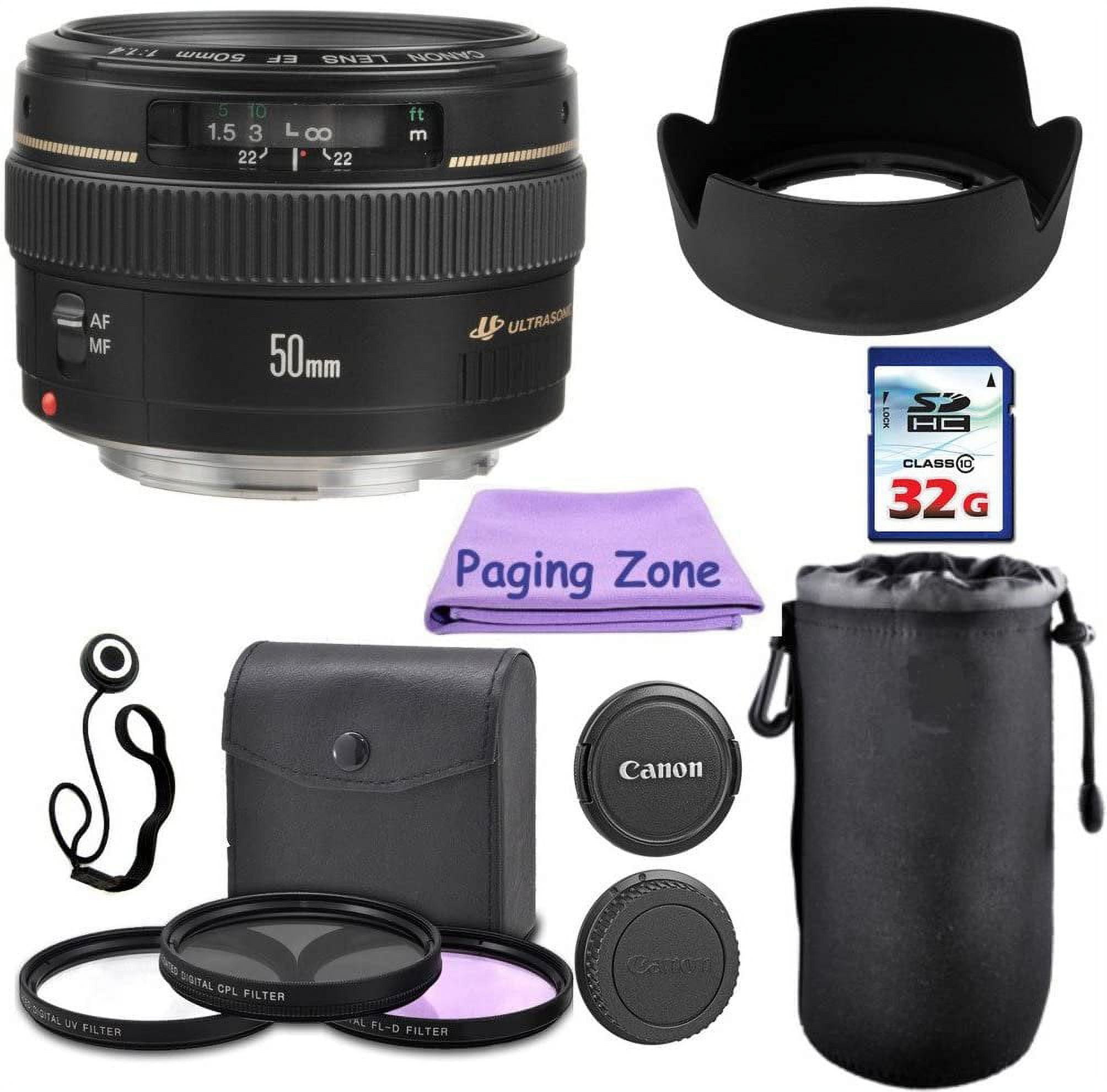 Canon EF 50mm F1.4 USM Lens Kit: Filter, Case, Hood, 32GB Card ...