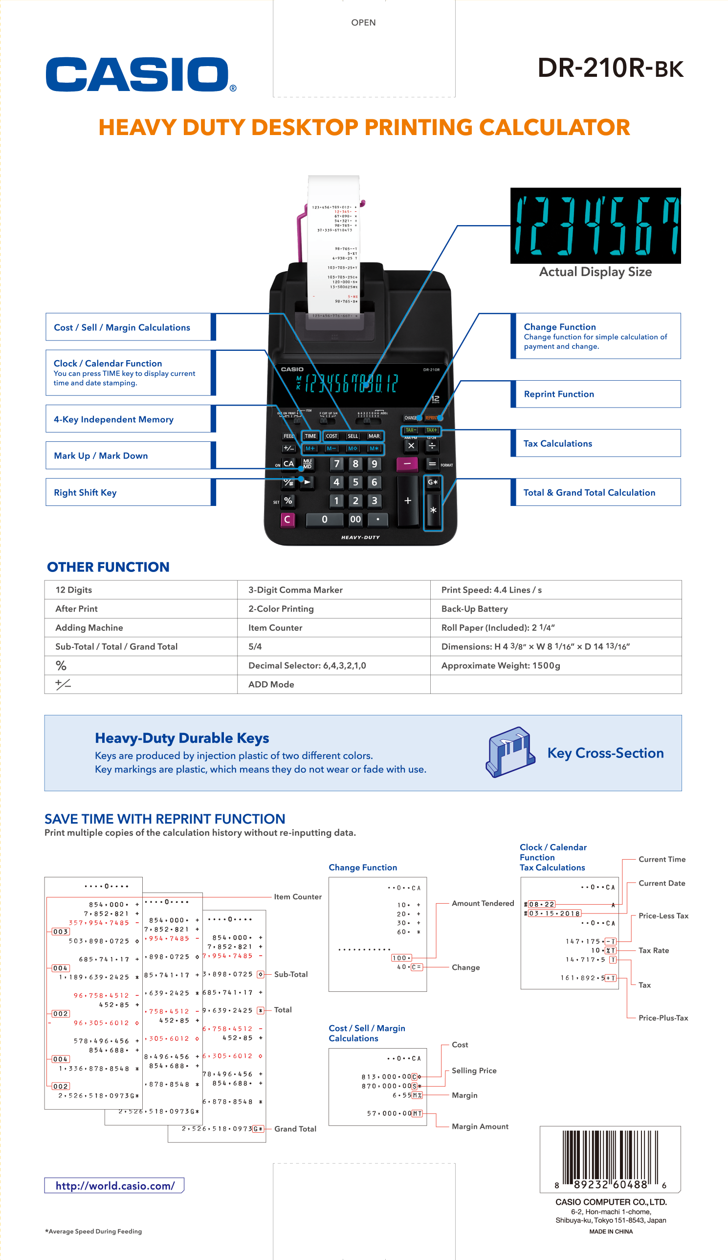 Buy Casio DR-210R-BK Heavy-Duty 12-Digit Printing Calculator with Clock ...