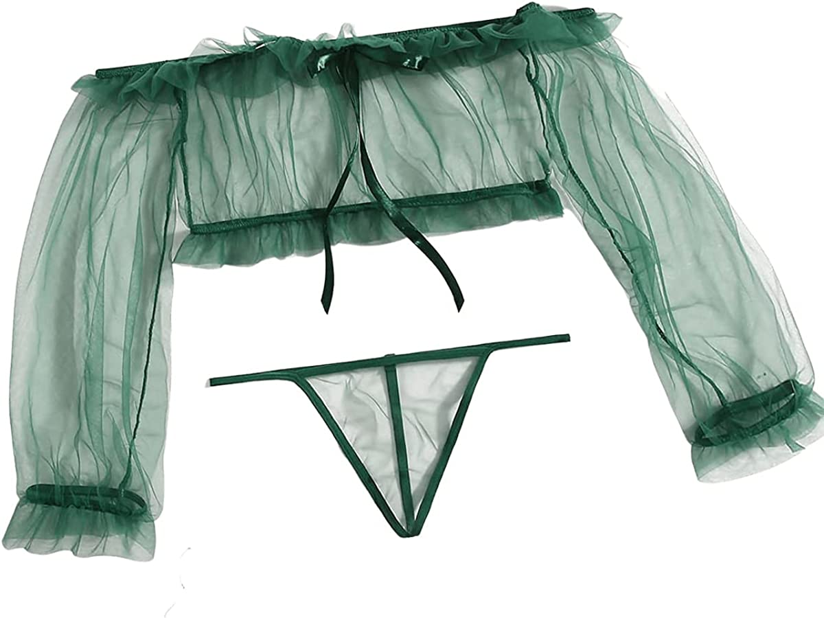 Makemechic Womens Sheer Mesh Ruffle Bardot Lingerie Set Bralettes And