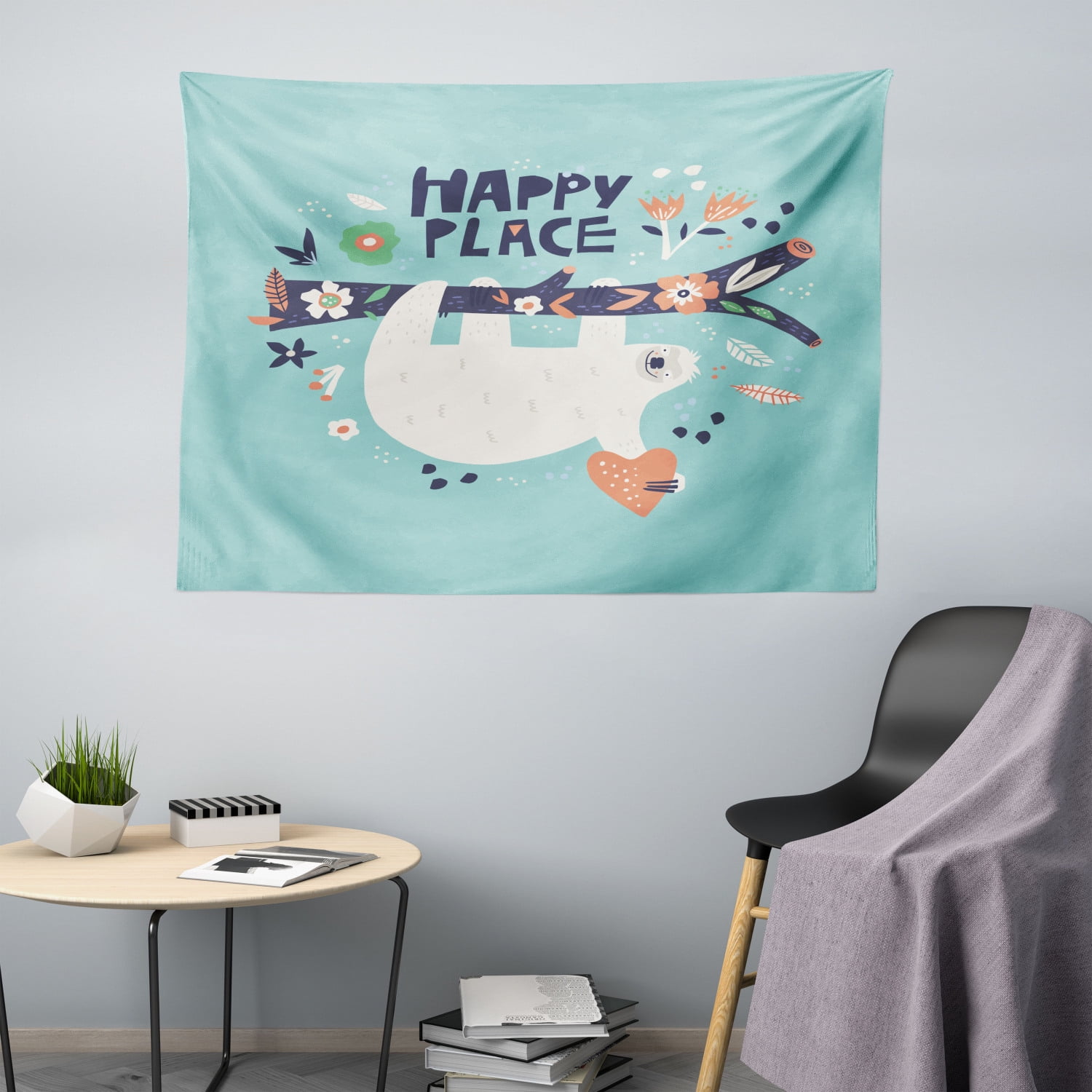 Funny Sloth Tapestry, Happy Place Hanging Branch Flowers Lazy Animal ...