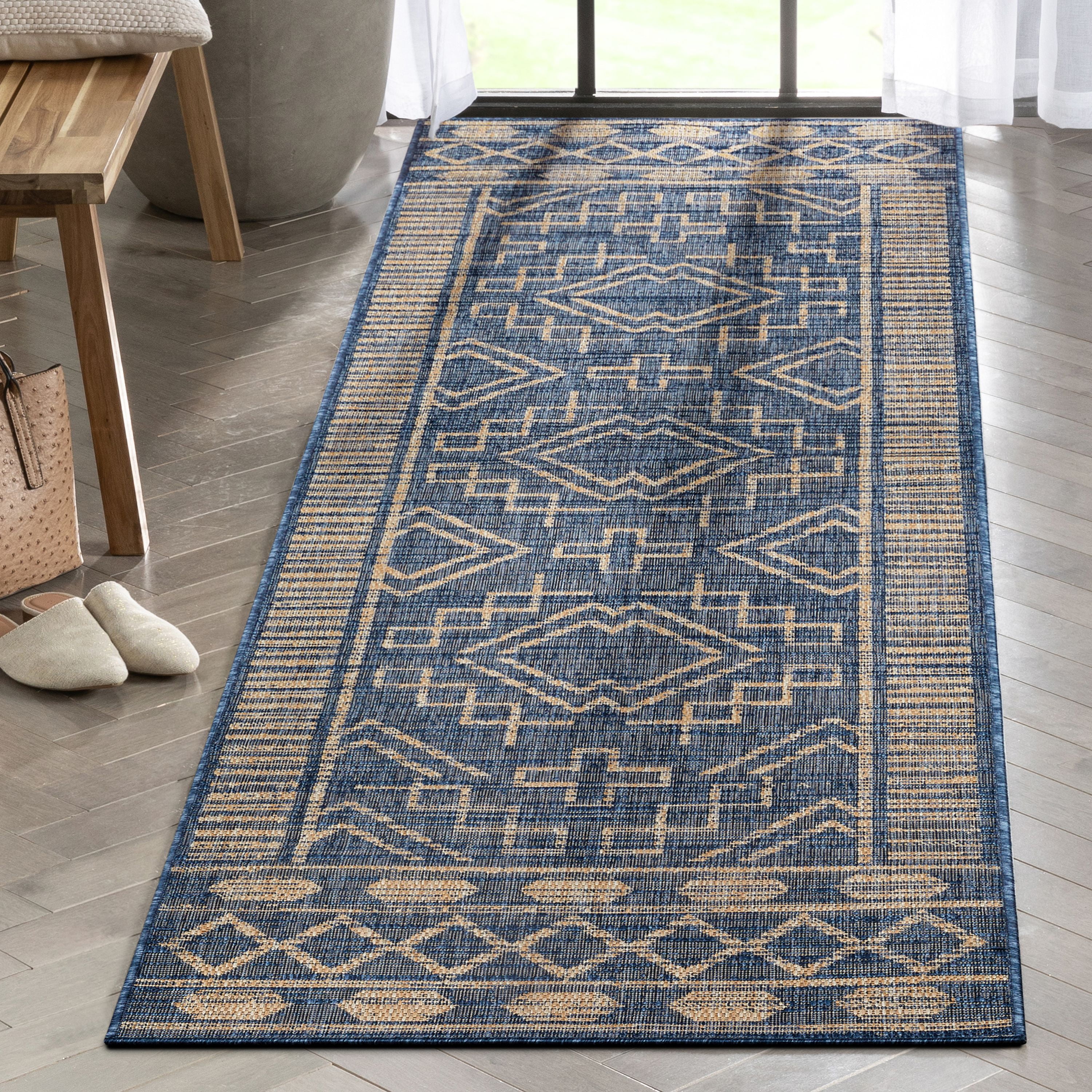 Well Woven Quay Blue Indoor / Outdoor Flat Weave Pile Tribal Geometric ...