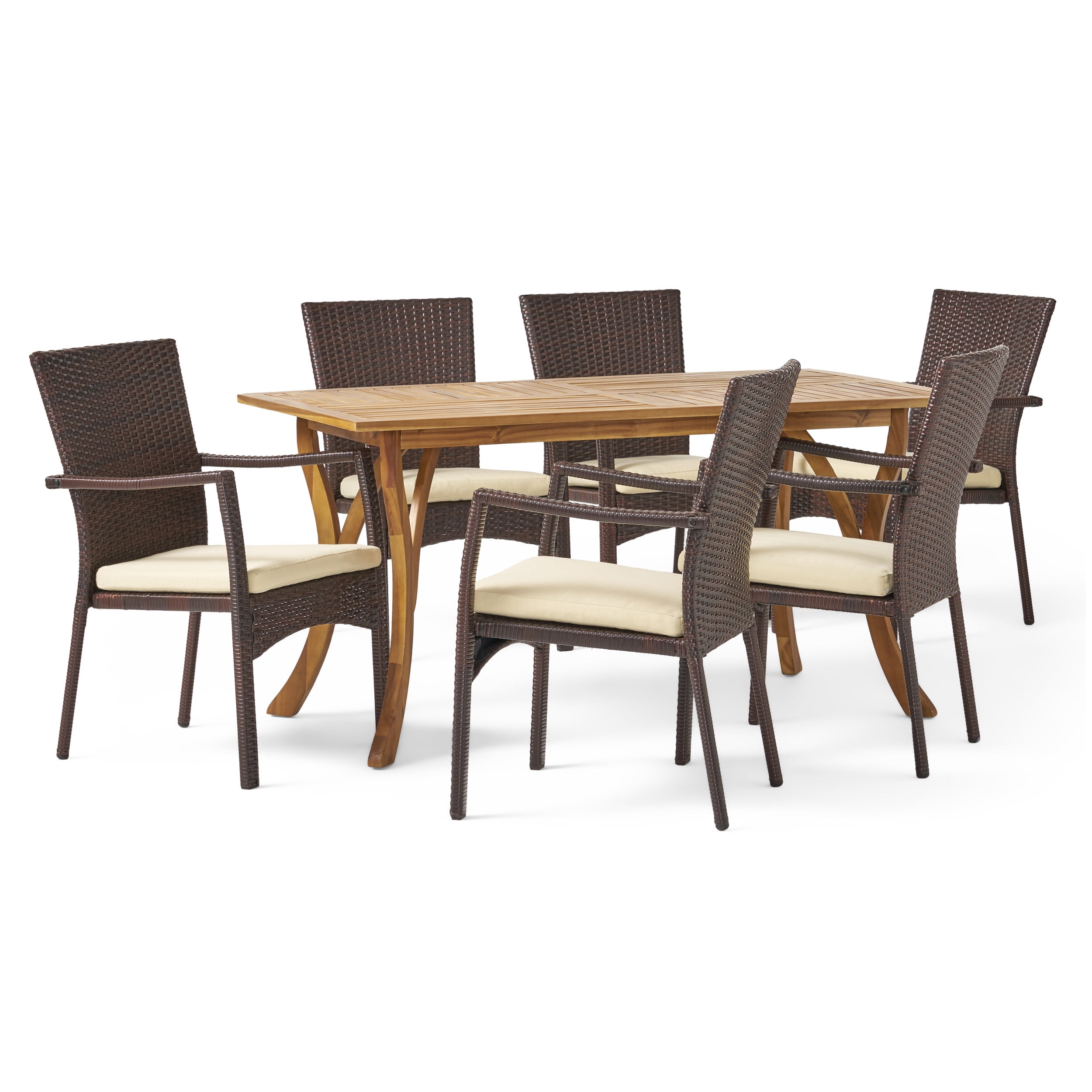 Corina 7-Piece Outdoor Wood and Wicker Dining Set, Teak Finish and ...