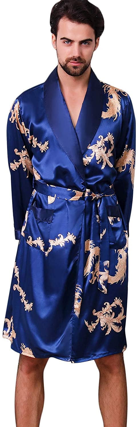 Haseil Men's Satin Robe Dragon Luxurious Silk Spa Long Sleeve House ...