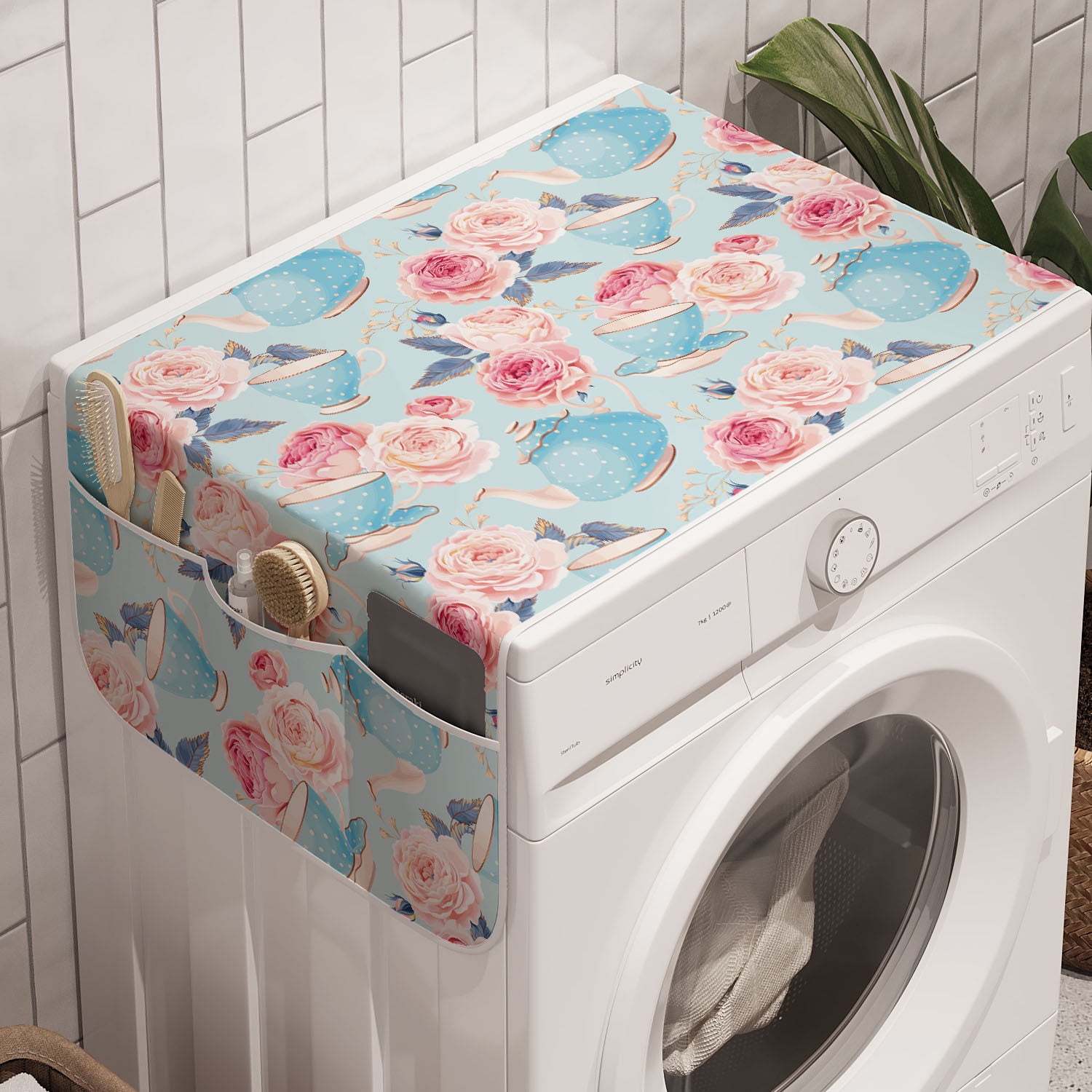 Vintage Washing Machine Organizer, Flowers Roses Vintage Teapot Cups ...