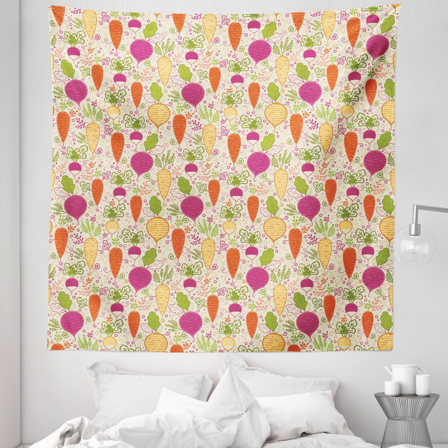 Vegetable Tapestry, Colorful Doodle Root Vegetables Pattern with Tulips ...