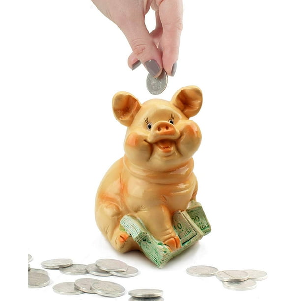 Sitting Pig on Cash Money Piggy Bank Coin Bank -D - Walmart.com