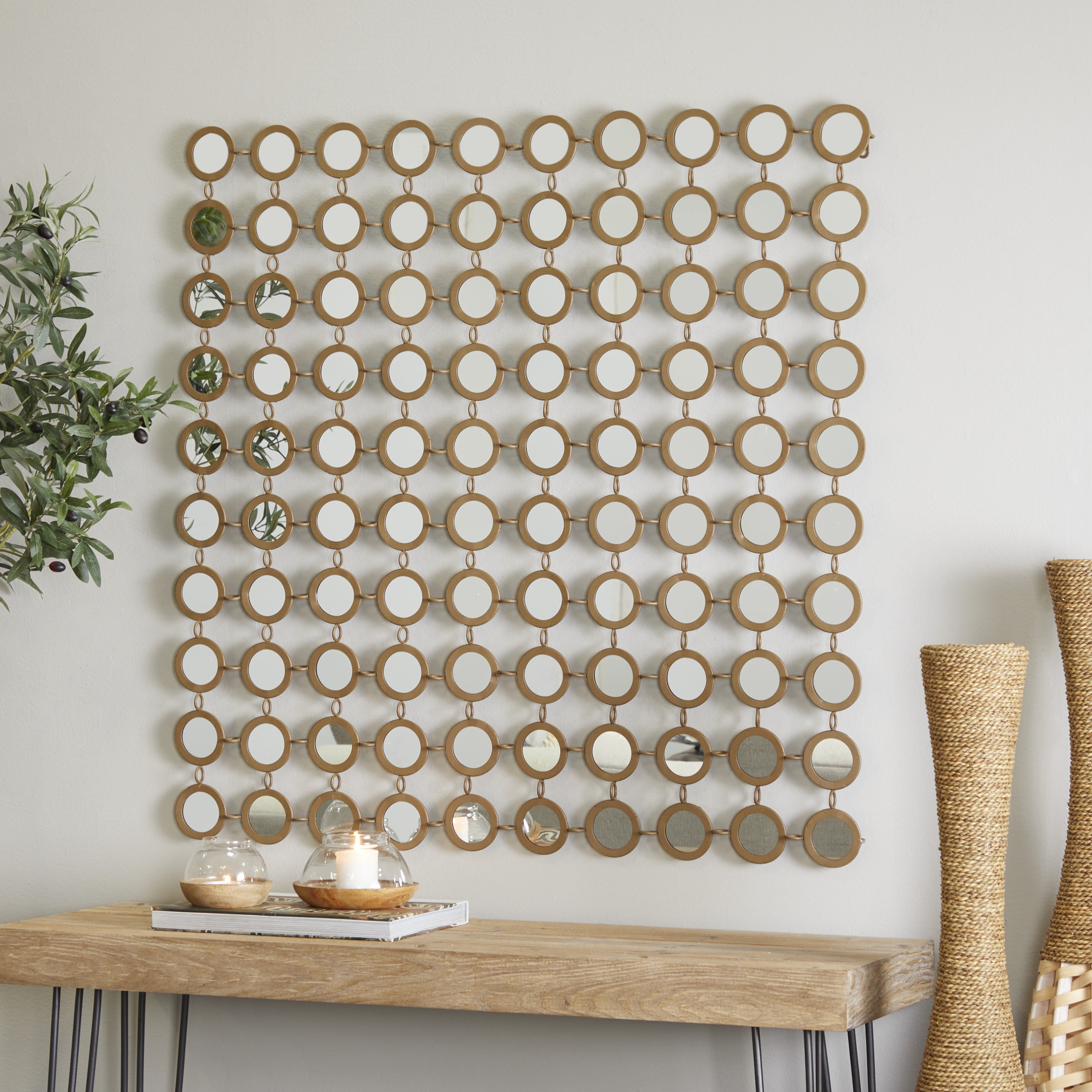 DecMode 40" x 40" Gold Geometric Wall Mirror with Grid Pattern ...