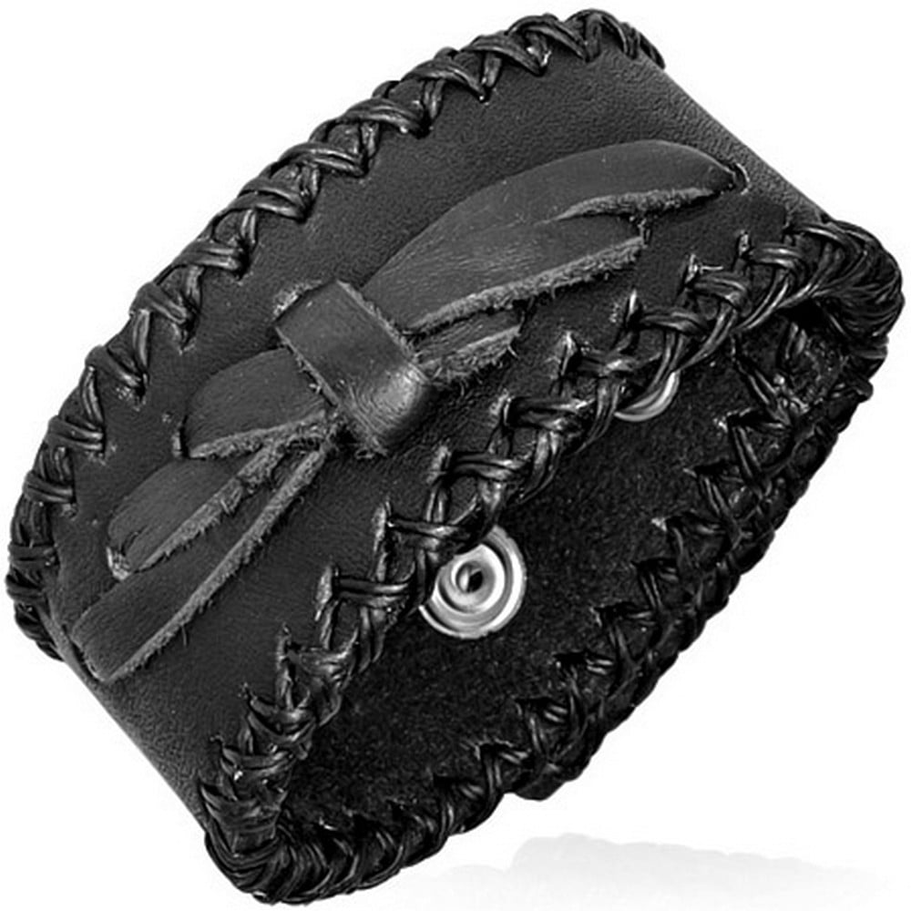 Black Braided Leather Alloy Silver-Tone Stitches Snap Wristband Unisex ...