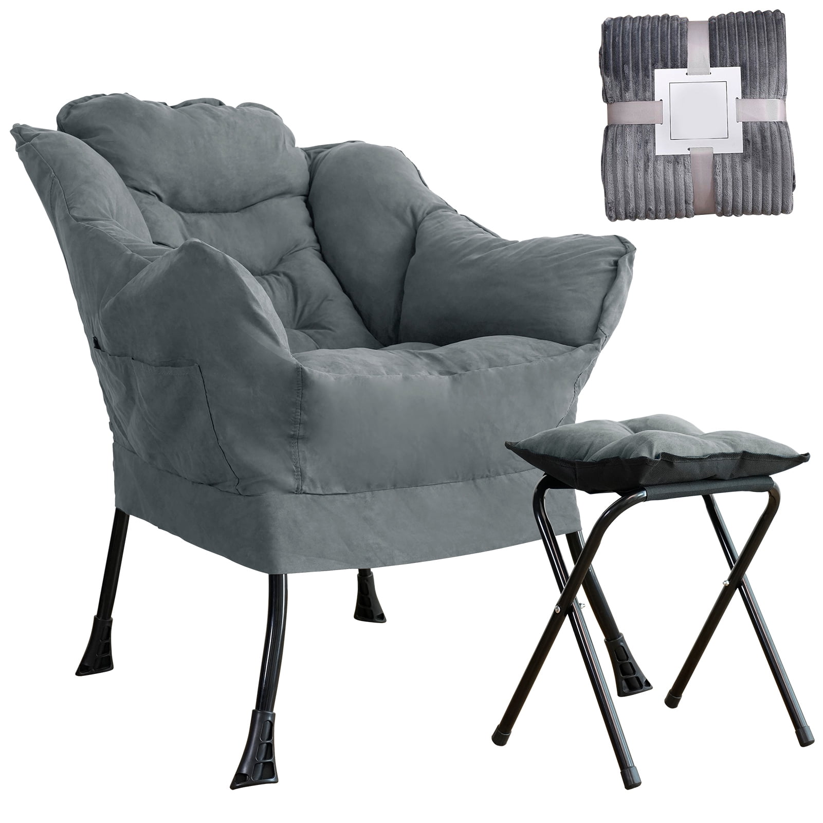 Modern Fabric Living Room Chair with Folding Footrest Stool, Sofa Chair ...