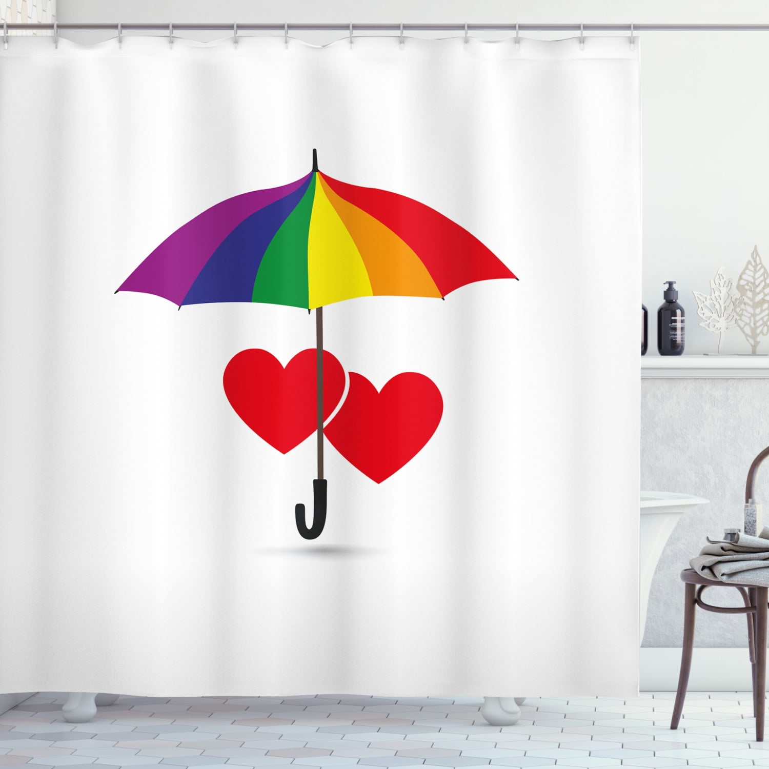 Pride Shower Curtain Cute Heart Signs Over Rainbow Umbrella Romantic