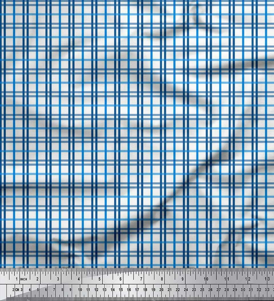 Soimoi Blue Cotton Duck Fabric Window Pane Check Print Fabric by the ...