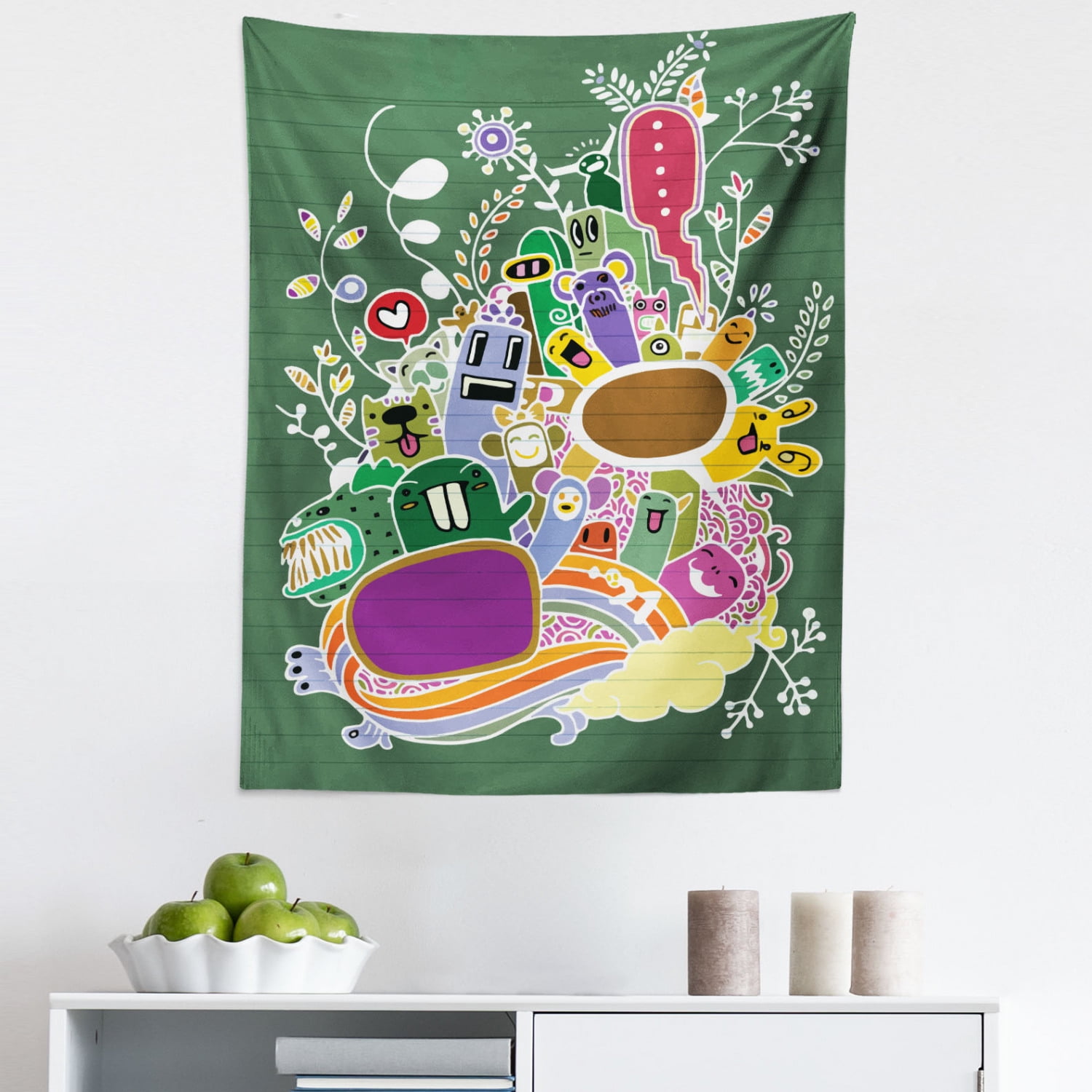 Cartoon Tapestry, Hand Drawn Doodle Monsters with Rainbow Flowers and ...
