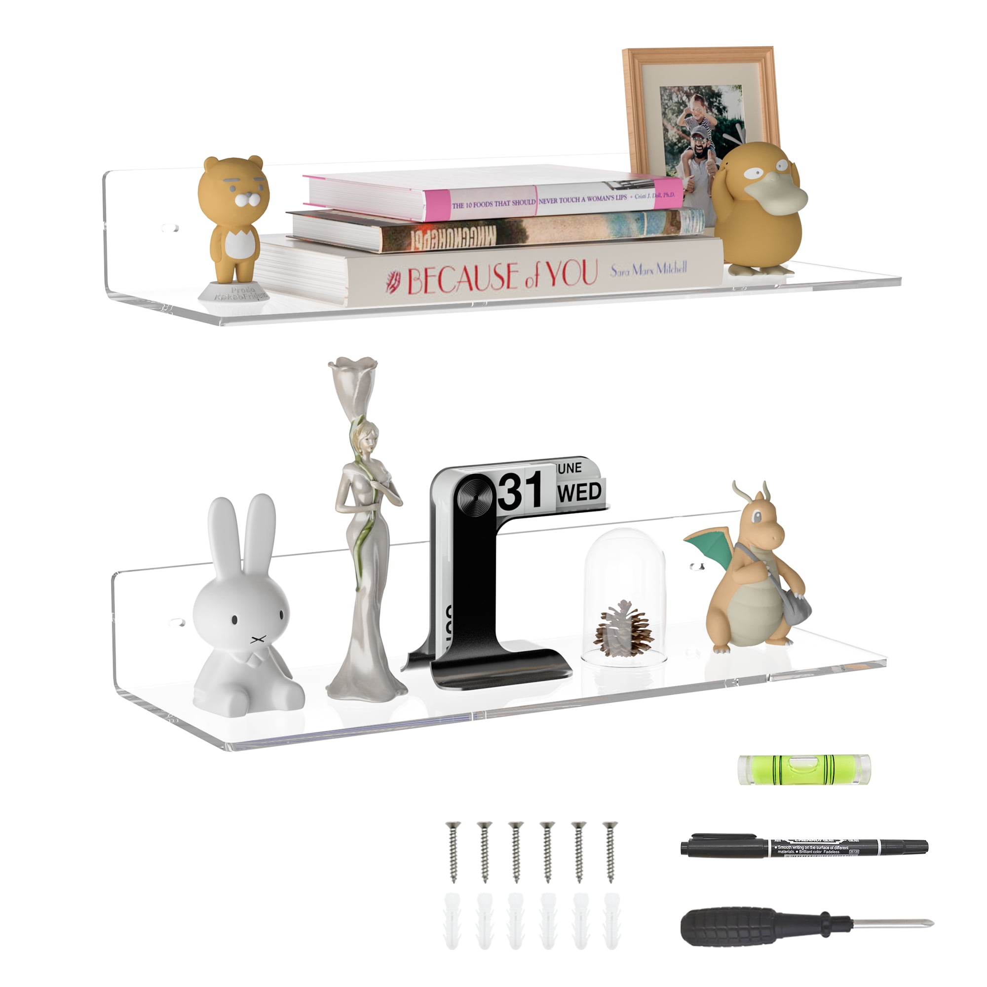 Sezanrpt 2-Pack 17-Inch Acrylic Floating Shelves, Wall Mounted Display ...