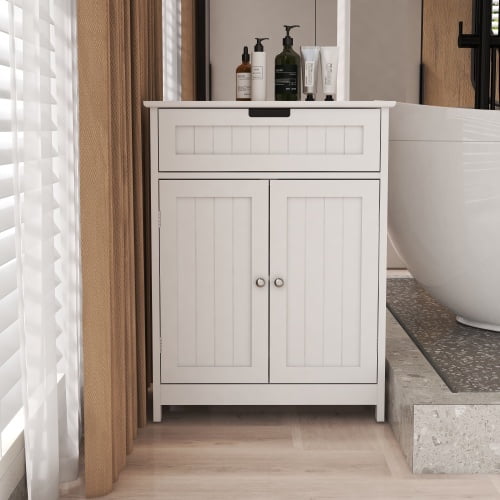 Bathroom Floor Cabinet, Free Standing Wooden Storage Cabinet with Large ...