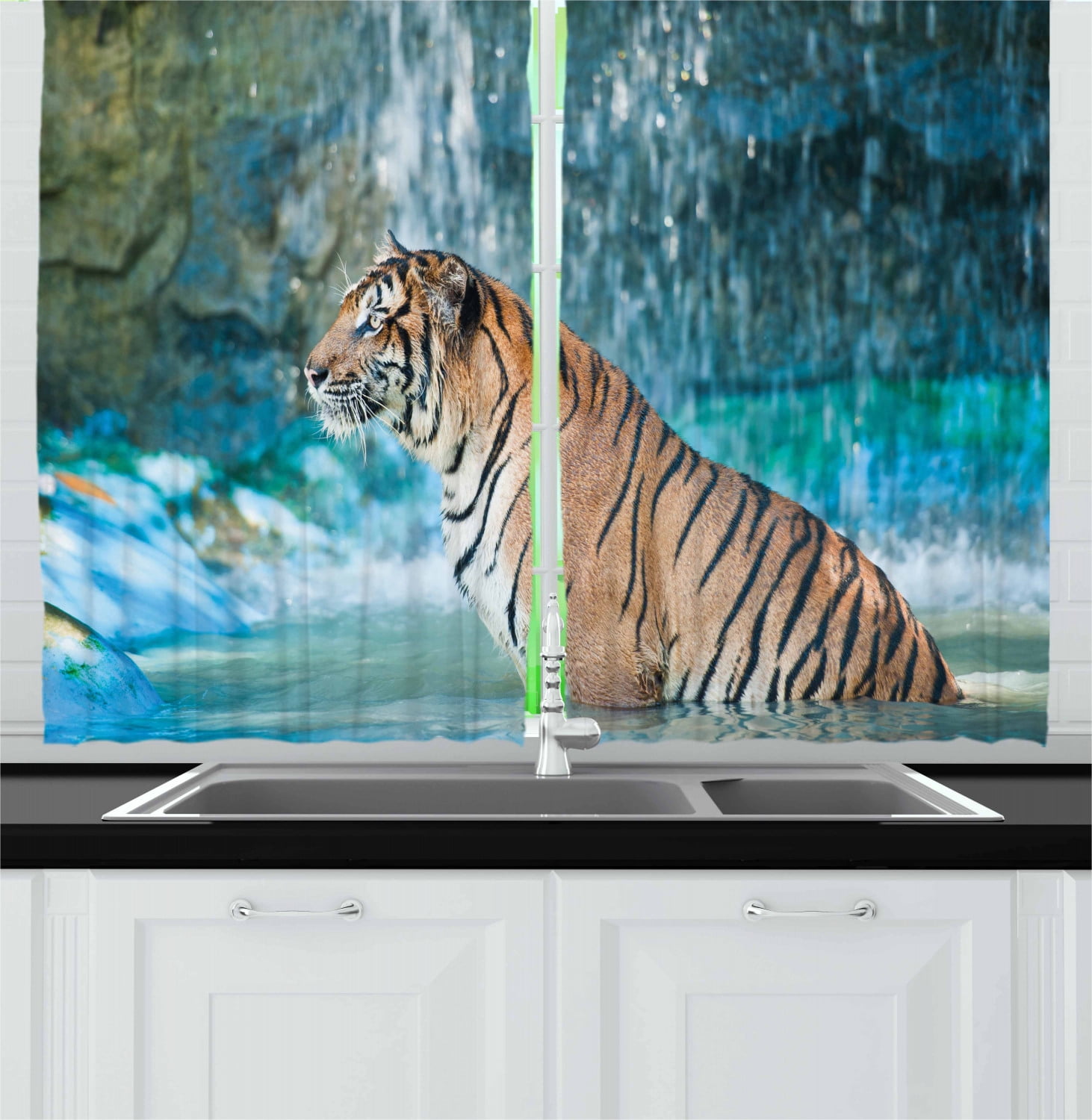 Tiger Curtains 2 Panels Set, Feline Beast in Pond Searching for Prey ...