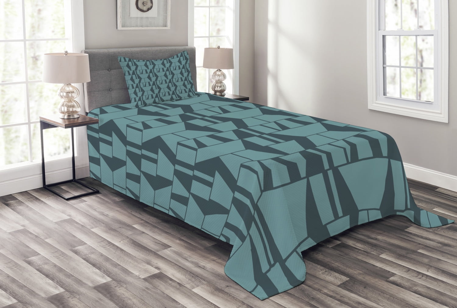 Ambesonne Blue Quilted Bedspread Set 2 Pcs, Modern Squares Triangles ...