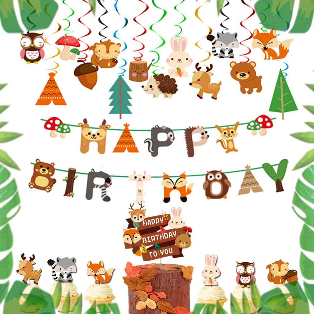HTOOQ Set of 15 Woodland Party Supplies Animal Birthday Banner Woodland ...