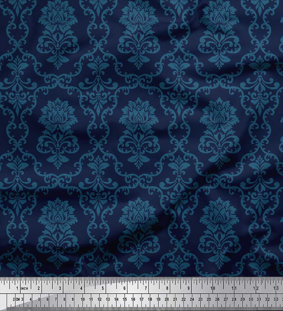 Soimoi Blue Modal Satin Fabric Floral Damask Print Fabric by the Yard ...