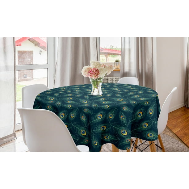 Feather Round Tablecloth, Colorful Middle Eastern Exotic Peacock ...
