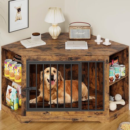 Dextrus Corner Dog Crate Furniture, 52 inch Wooden Dog Kennel, TV stand ...