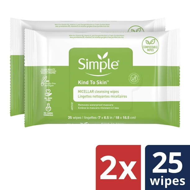 Simple Kind to Skin Facial Care Micellar Wipes 25 ct, Twin Pack ...