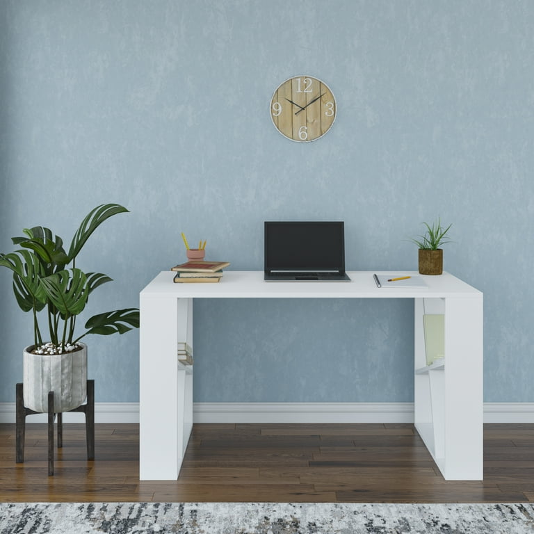 Ada Home Decor Minimalist Home Office Computer Desk Workstation with 2 Shelves 8 Cube Bookcase White