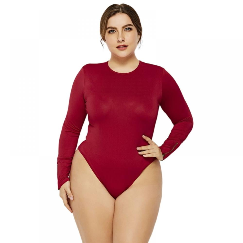 Baywell Women's Plus Size Zipper Long Sleeve Bodysuits Basic Leotard Red(Crew Neck) XL-6XL ...
