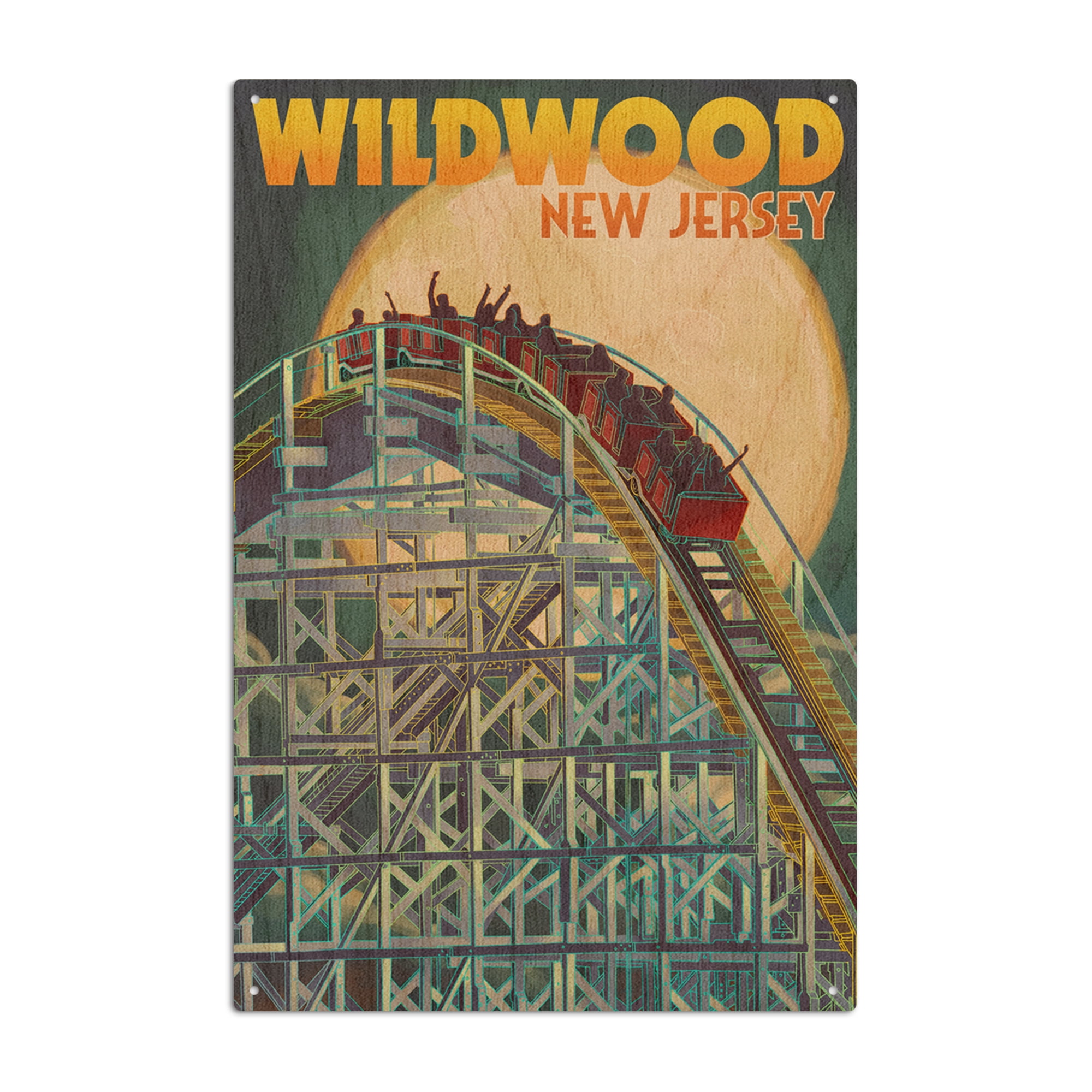 Wildwood, New Jersey, Roller Coaster and Moon Birch Wood Wall Sign (6x9 ...