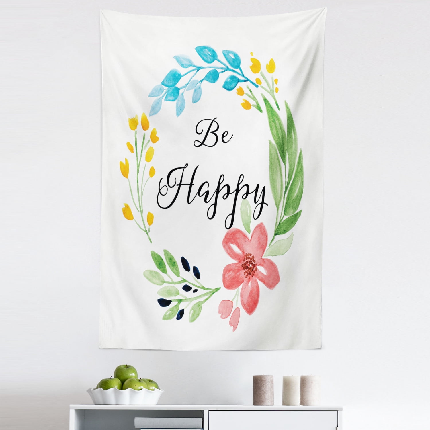 Be Happy Tapestry, Writing Surrounded by a Wreath of Watercolor Style ...