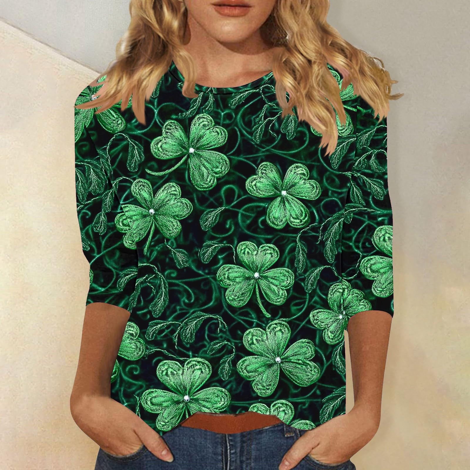 Elvqul Shirts for Women Print 3/4 Sleeve Plus Size T Shirts Fashion ...