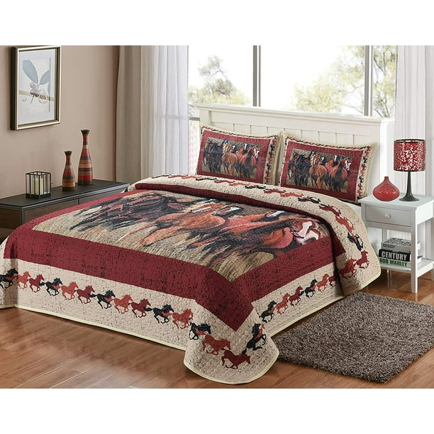 Western Queen Quilt Horse Cabin Lodge Bedding Farmhouse Ranch Bedspread ...