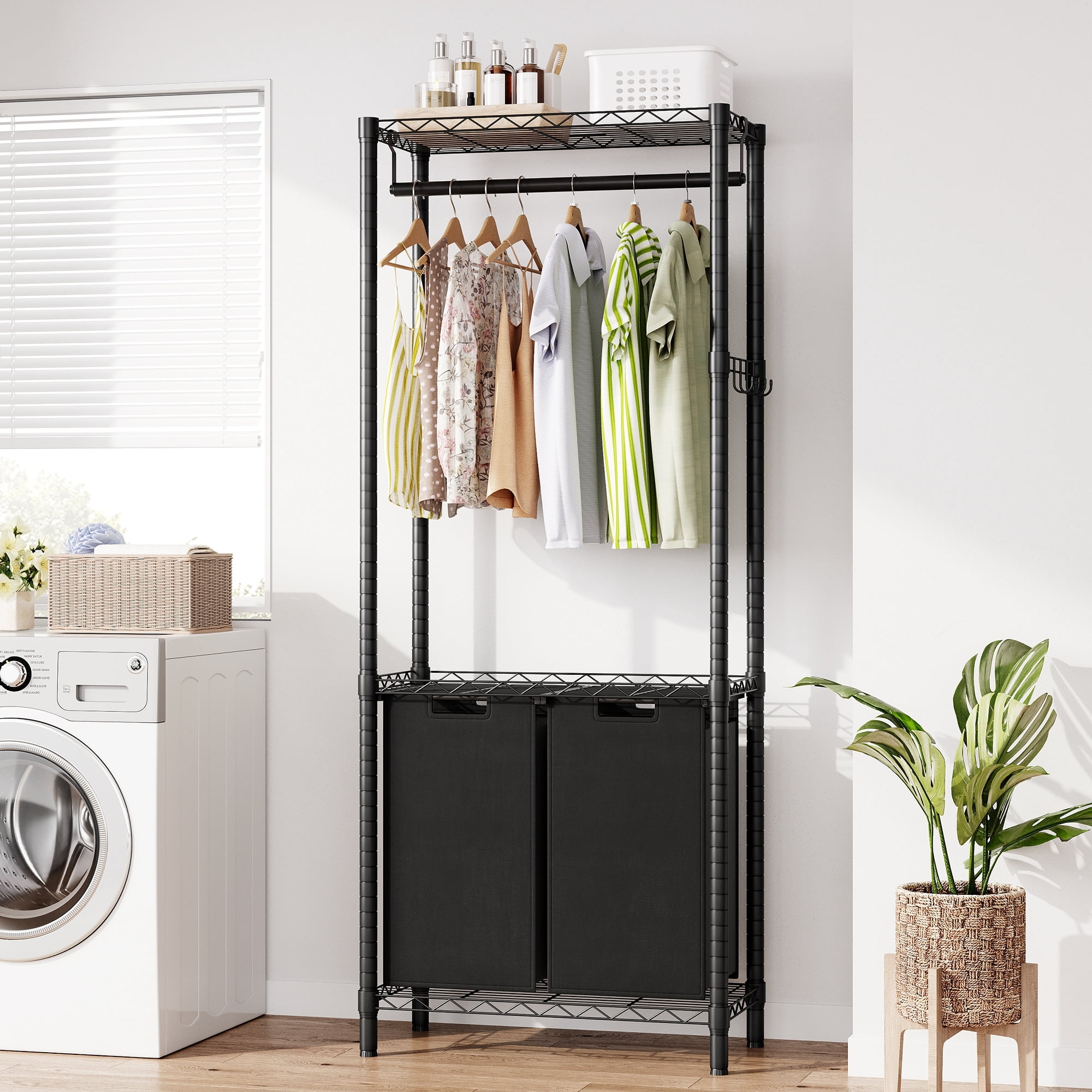 Coromose 2-Section Laundry Hamper Sorter with Hanging Bar & Shelves ...