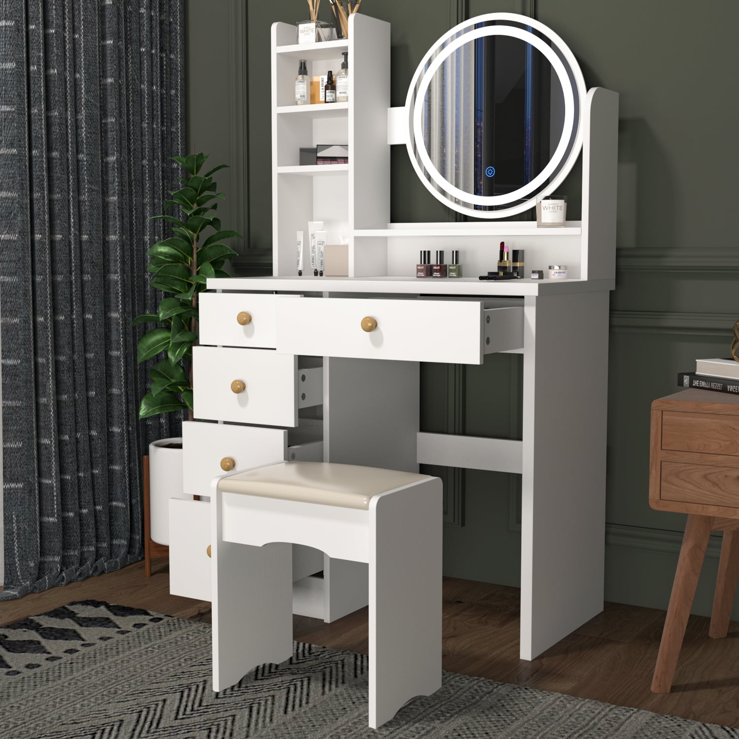 AIEGLE Girls Vanity Set with Lighted Mirror Modern Makeup Vanity Table ...