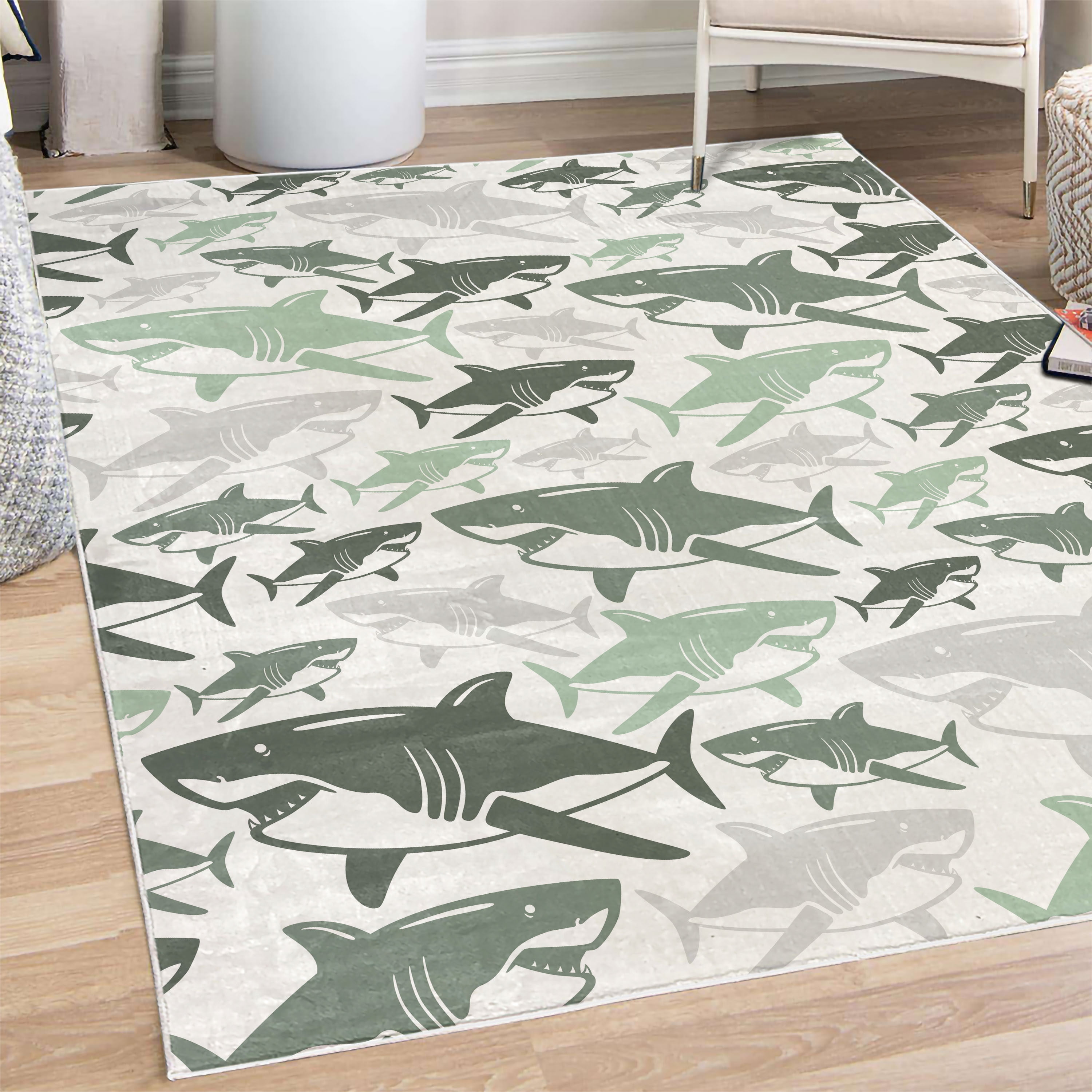 Shark Decorative Rug, Colorful Underwater Fish Pattern Masters Survival ...