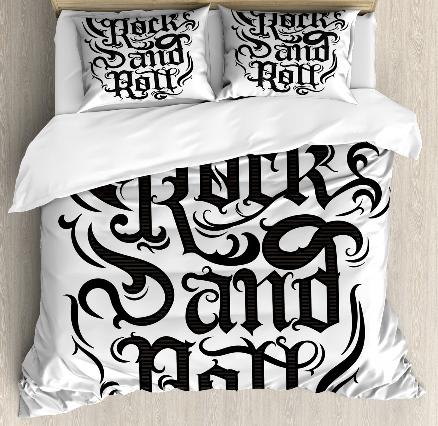 Rock Music Duvet Cover Set Queen Size, Vintage Hand Lettering Rock and ...