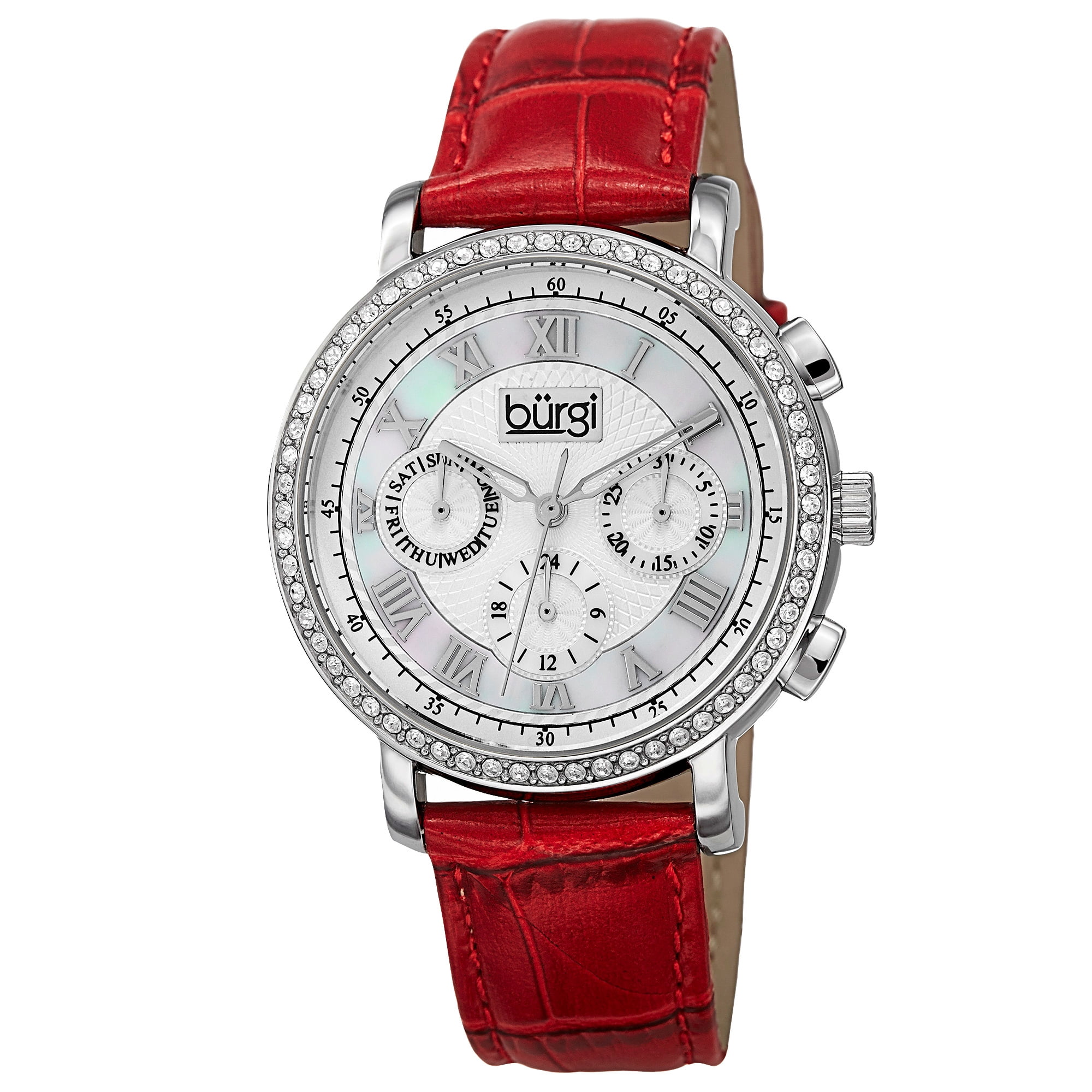 Ladies Swiss Quartz Multifunction Dual-Time Leather Red Strap Watch ...