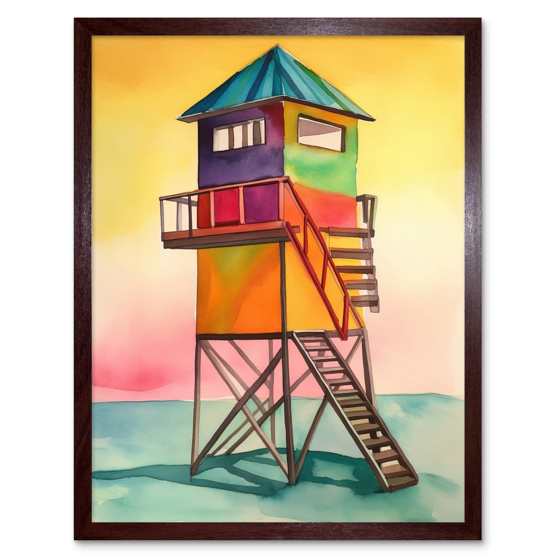 Rainbow Lifeguard Tower Folk Art Watercolour Painting Art Print Framed ...