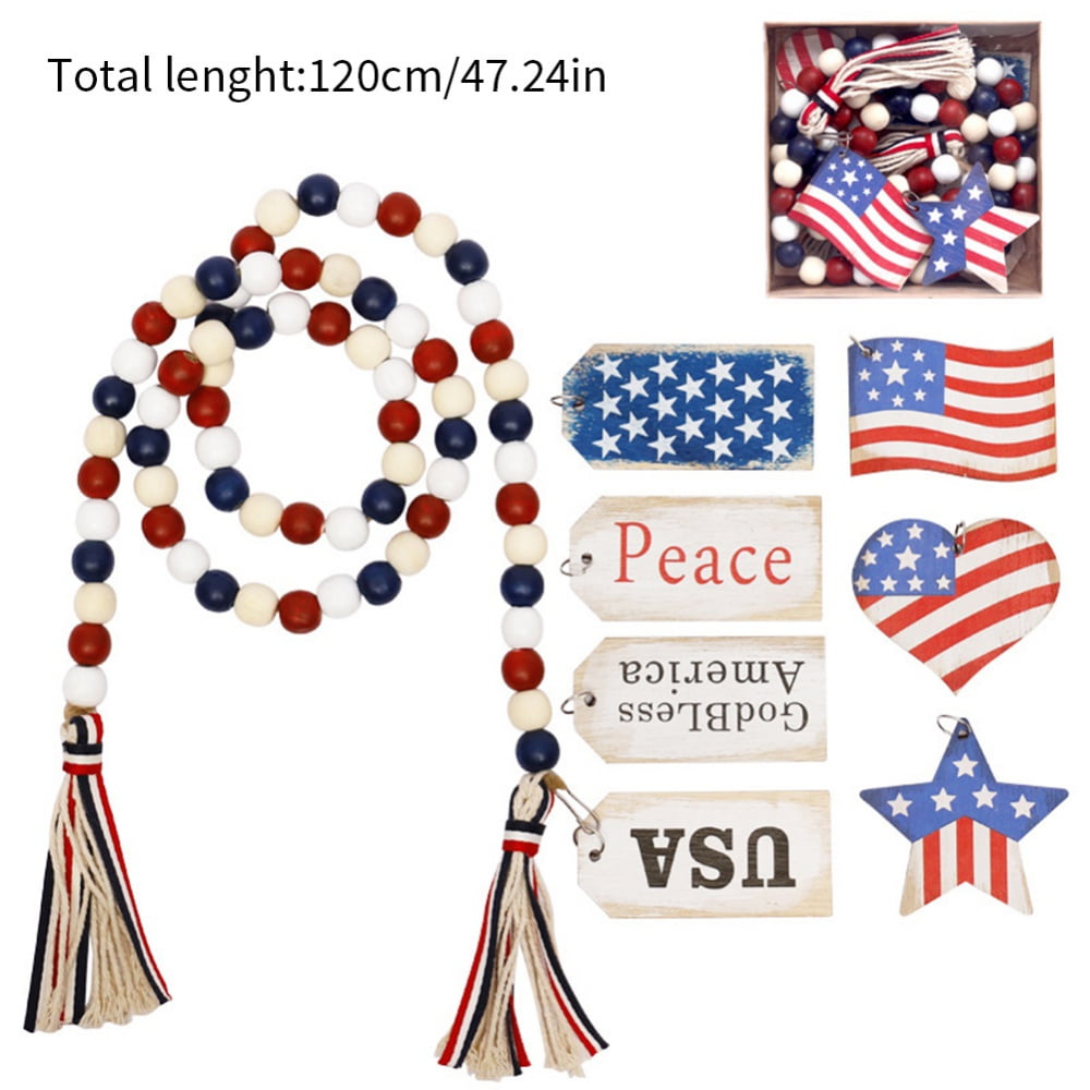 1 Piece Independence Day Wood Bead Garland with Rustic Tassels ...