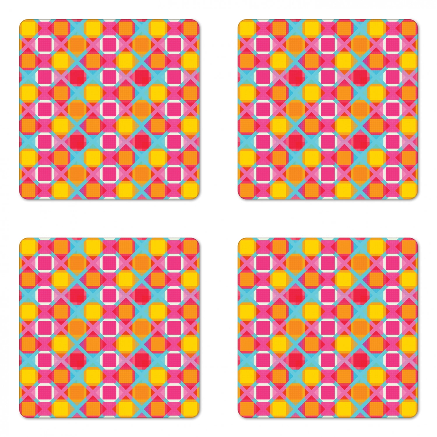 Geometric Coaster Set Of 4 Abstract Colorful Lines With Checkered