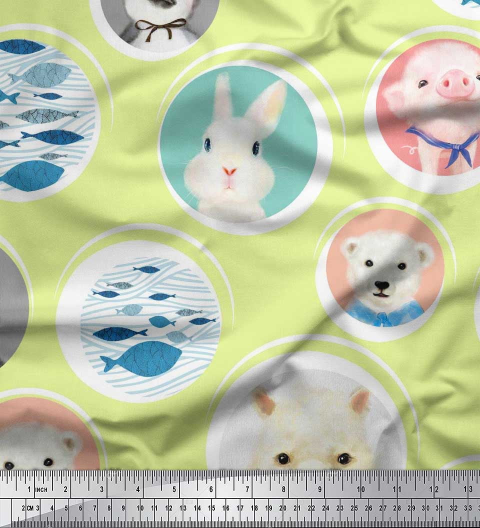 Soimoi Japan Crepe Satin Fabric Circle,Fish & Cute Animals Patchwork ...