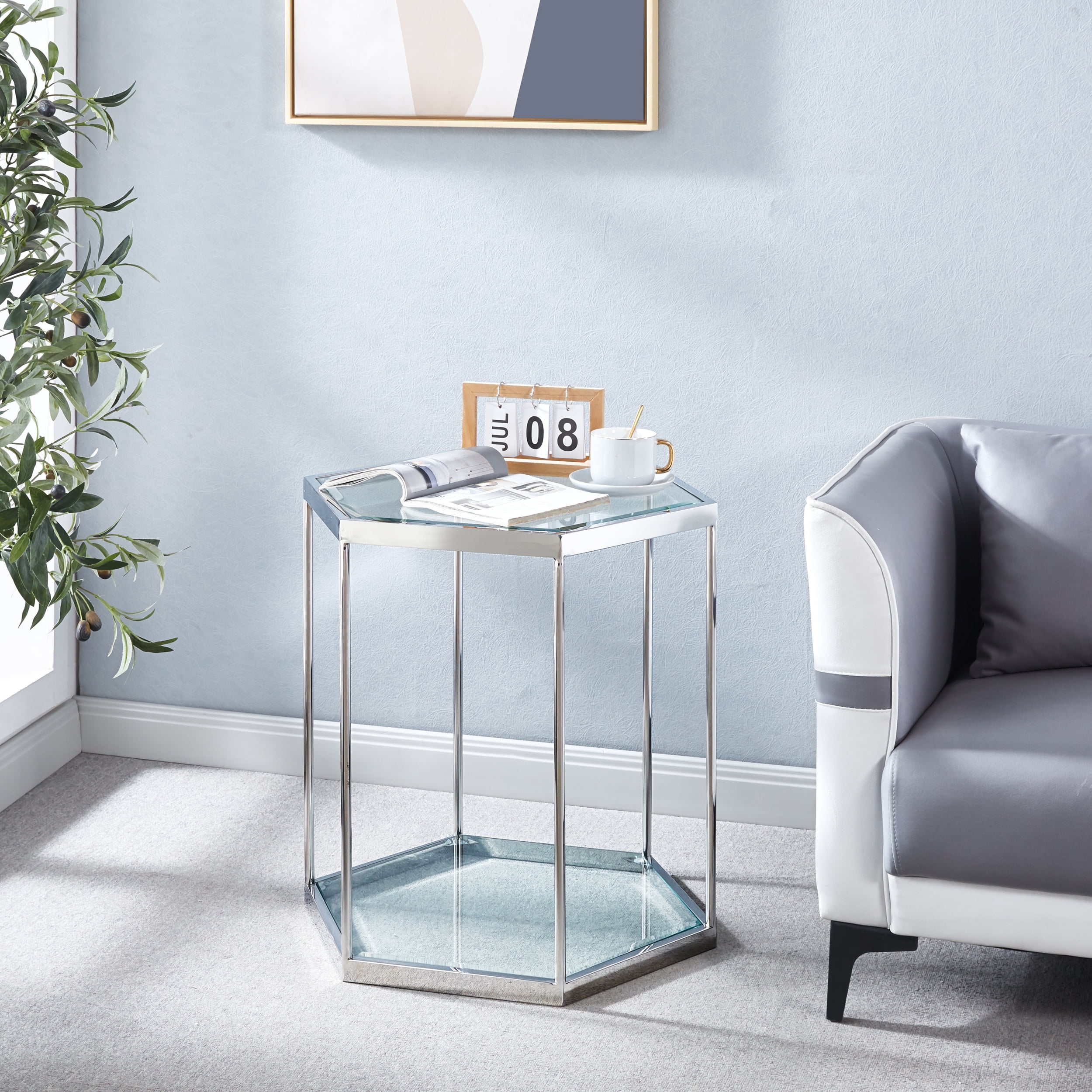 Modern Glass End Table with Silver Finish Stainless Steel Frame ...